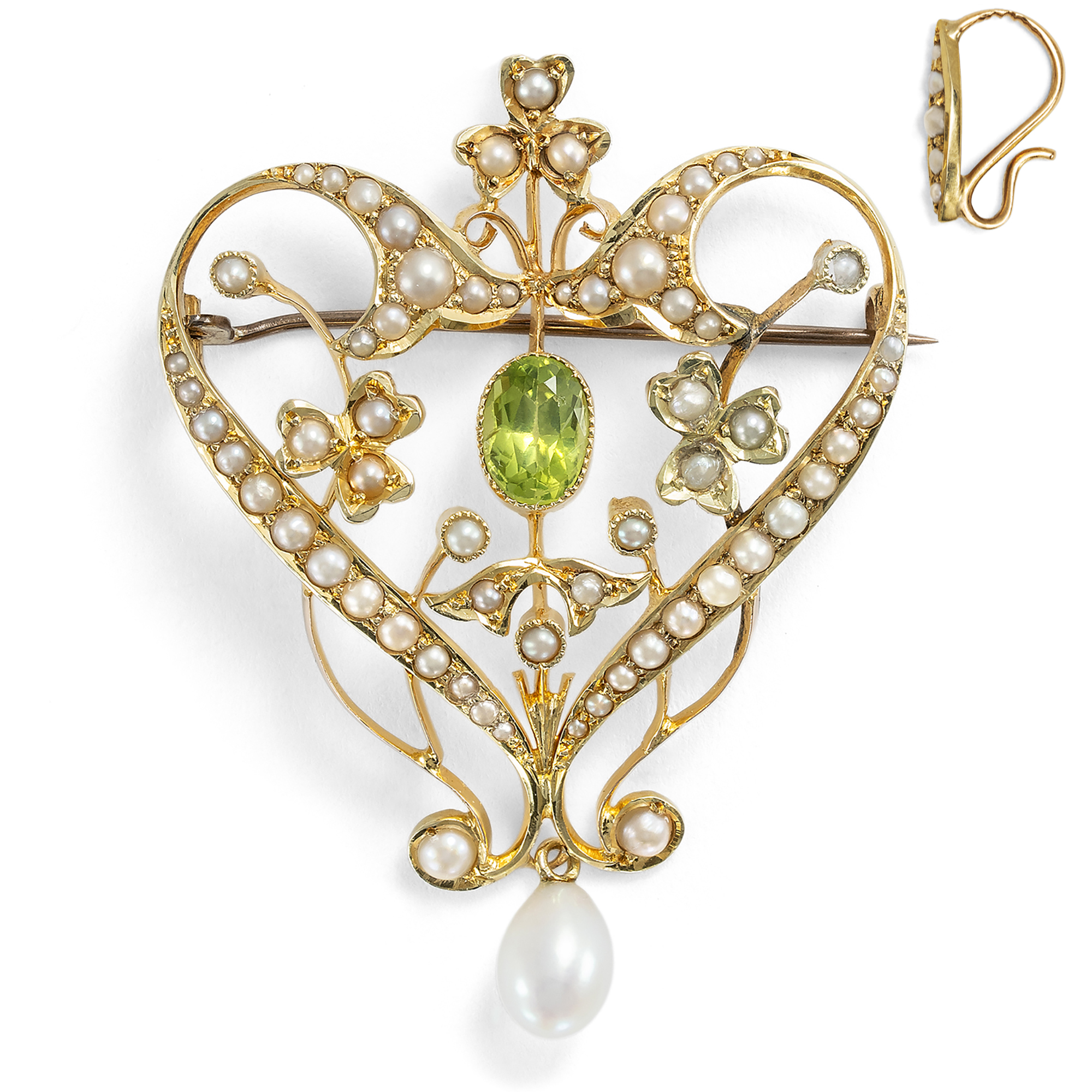 Evening Emerald • Große Anhänger-Brosche mit Peridots & Perlen in Gold ...