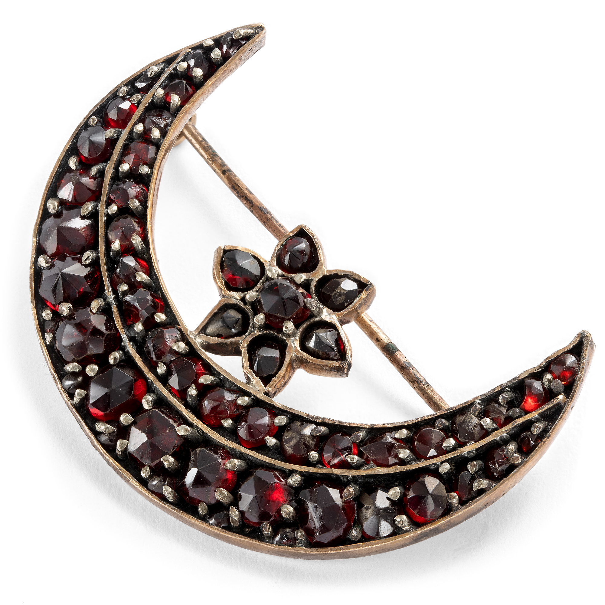 Roter Mond • Antike Brosche mit Sichelmond & Stern aus böhmischem ...